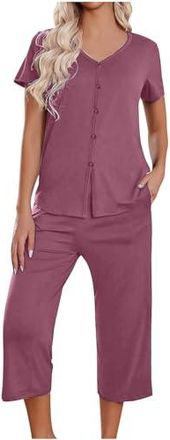 Generic Pyjama Femme Ete Coton Sexy Ensembles De Pyjama Femme Lingerie Chemise Manche Courte Et Pantalon 3/4 Grande Taille Pour Femme Pyjama 2 Pi&egrave;ces Printemp