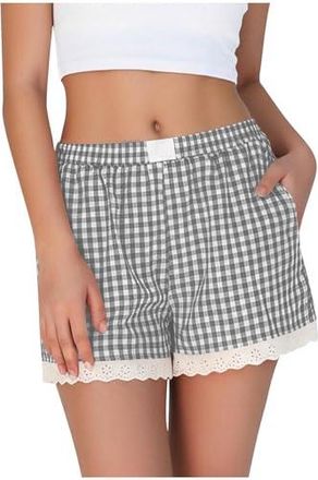 Generic Short de pyjama &agrave; carreaux avec bordure en dentelle pour femme - Pantalon de pyjama vichy d&eacute;contract&eacute; d&eacute;t&eacute; Y2K - Taille &eacute;lastique - Boxer court doux e