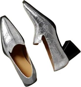 Generic JCVBN Chaussures &agrave; talon carr&eacute; l&eacute;g&egrave;res et &eacute;l&eacute;gantes pour femme Noir, Argent&eacute;., 37.5 EU