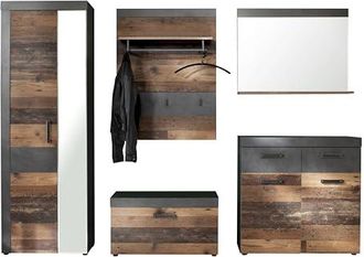 Trendteam Indy - Garderobenkombination - Eiche/Grau - Garderobenschrank, Sitzbank, Paneel, Schuhschrank, Spiegel - (BxHxT) 265 x 192 x 37 cm - antikfarbene Grif