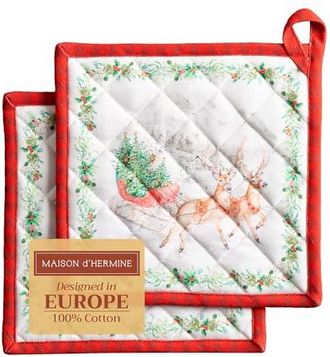 Maison d'Hermine Christmas Tradition Lot de 2 maniques, 100% Coton, pour Barbecue, Cuisson, Four, Micro-Ondes, grillades, Thanksgiving, No&euml;l (20cm x 20cm)