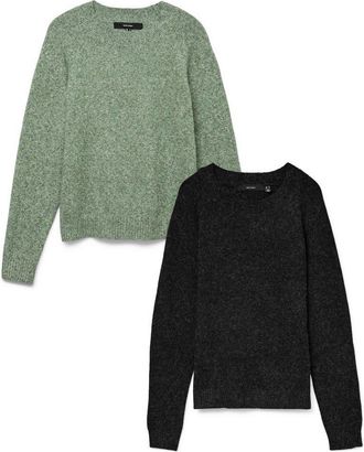 Vero Moda Rundhalspullover (2er-Set) Feinstrick Pullover basic unifarben f&uuml;r jeden Tag