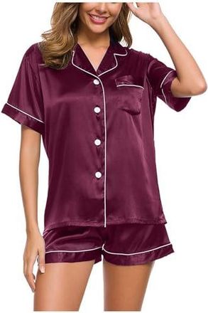 Generic Ensemble de pyjama en satin pour femme - Ensemble de pyjama en satin de soie pour femme - Ensemble de pyjama boutonn&eacute; - Ensemble de v&ecirc;tements de d&eacute;ten