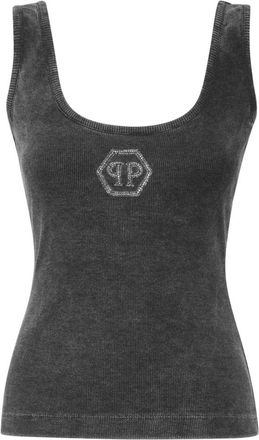Philipp Plein Femme, Tops, Gris, Taille: 40 FR Rib Tank Top Stones Wash Hexagon