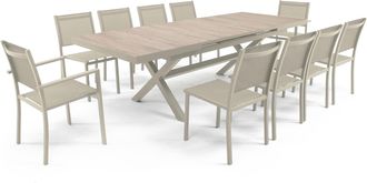 Oviala Tivoli ausziehbarer Tisch aus Aluminium und Keramik, mit 10 St&uuml;hlen, Beige