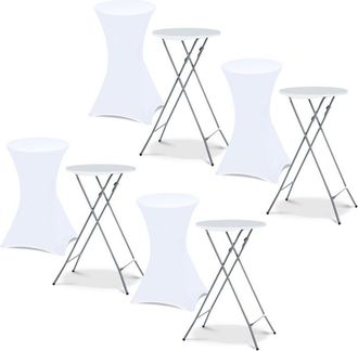 IDMarket Set aus 4 klappbaren Stehtischen 105 cm und 4 wei&szlig;en Bez&uuml;gen