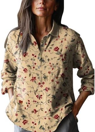 Generico Chemise Femme d&Eacute;t&eacute; &Eacute;l&eacute;gant Manches Longues Chemises en Lin Coton Curvy Grande Taille T Shirt Col en V Classique Blouse Vintage Imprim&eacute; Boutons Doux Ch