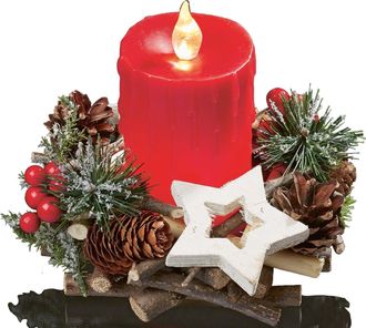 Hellum LED Wachskerze mit Kranz, Ø 17cm x 14cm hoch, LED Kerzen rot mit warmweißer Flamme, Kerzen mit Batterien (2xAA nicht inkl.), Weihnachtsbeleuchtung Dek