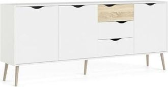 Dmora Sideboard mit drei T&uuml;ren und drei Schubladen, Wei&szlig; und Eiche, Ma&szlig;e 195 x 81 x 39 cm