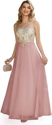 MisShow Robe Ceremonie Femme Longue Grande Taille Chic et Elegant sans Manches Mousseline Chiffon Rose 44