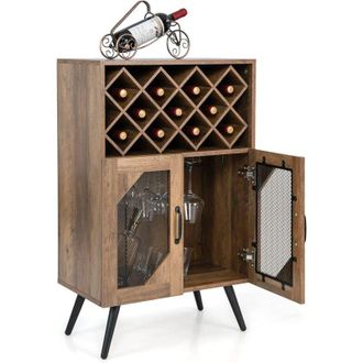 Costway Costway - Buffet cuisine brun rustique avec porte-bouteilles amovible - Capacit&eacute; 11 bouteilles et 6 verres - Dimensions 59,5 x 33,5 x 93,5 cm