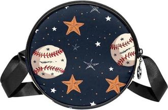 Generic Petit sac &agrave; bandouli&egrave;re circulaire pour femme, motif &eacute;toiles de baseball, sac &agrave; dos avec fermeture &eacute;clair, bretelles r&eacute;glables, sac &agrave; main rond d&eacute;cont