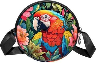 Generic Petit sac &agrave; bandouli&egrave;re rond pour femme, motif perroquet avec fermeture &eacute;clair, bretelles r&eacute;glables, sac &agrave; main rond d&eacute;contract&eacute; pour femmes et filles