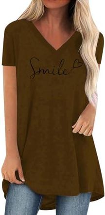 Generic Tunique d&eacute;t&eacute; &agrave; manches courtes pour femmes, coupe ample, 2025, T-shirts longs d&eacute;contract&eacute;s et athl&eacute;tiques, chemises longues tendance, t-shirts flatteu