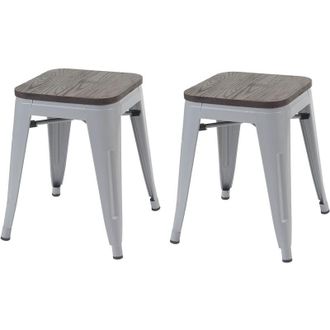 Hhg 2x tabouret HHG 397 avec si&egrave;ge en bois, tabouret en m&eacute;tal, design industriel, empilable, gris