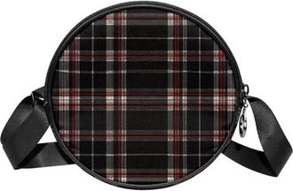 Generic Sac &agrave; bandouli&egrave;re Circle pour femme, petit sac &agrave; bandouli&egrave;re r&eacute;tro noir &agrave; motif &eacute;cossais avec fermeture &eacute;clair, bretelles r&eacute;glables, sac &agrave; main rond d