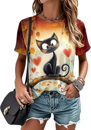 Generic Chemises de Saint-Valentin pour femmes - Imprim&eacute; chat mignon - T-shirt &agrave; manches courtes et col rond avec motif damour, pour rendez-vous, f&ecirc;te de vaca