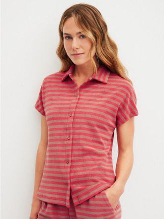 CALIDA Kurzarmshirt Lounge Stripe Damen (1-tlg) lockerer V-Ausschnitt, feiner Qualit&auml;t, Hemdkragen, aus Terry