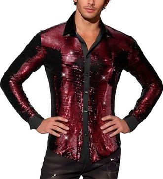 Generic Chemise &agrave; paillettes pour homme - &Agrave; manches longues et paillettes - Costume disco des ann&eacute;es 70 et 80 - Style r&eacute;tro - Pour f&ecirc;te, discoth&egrave;que, nouvel a