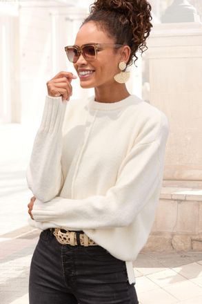 Lascana Rundhalspullover LASCANA, Damen, Gr. 32/34, beige (creme), Strick, Obermaterial: 53% Polyester, 37% Polyacryl, 10% Polyamid, unifarben, figurumspielen