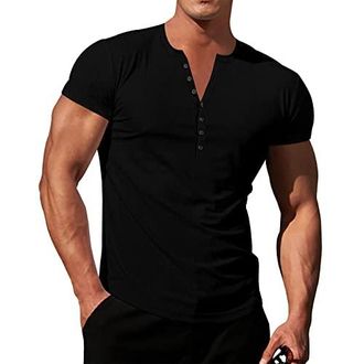 Generic Chemise en coton et lin pour homme - Polo &agrave; col rond - Demi-bouton - Manches courtes - T-shirt Henley - Coupe muscl&eacute;e - Couleur unie - T-shirt d&eacute;t&eacute; l&eacute;