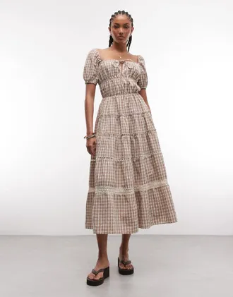Daisy Street Robe mi-longue tendance folk &agrave; volants - Carreaux marron
