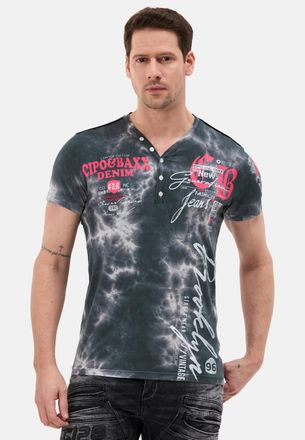 Cipo & Baxx Kurzarmshirt CIPO & BAXX, Herren, Gr. L, grau, Jersey, Obermaterial: 98% Baumwolle, 2% Elasthan, bedruckt, slim fit h&uuml;ftlang, V-Ausschnitt, Shirts