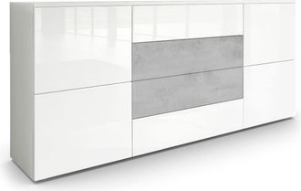 Vladon Sideboard Rova, Made in Germany, Kommode mit 4 Türen und 4 Schubladen, Weiß matt/Weiß Hochglanz/Beton Oxid Optik (166 x 72 x 35 cm)