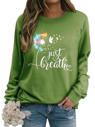 Dresswel Sweat-shirt à manches longues pour femme Motif pissenlit imprimé Pull automne hiver Chemisier Hauts, Vert avocat 3C, S