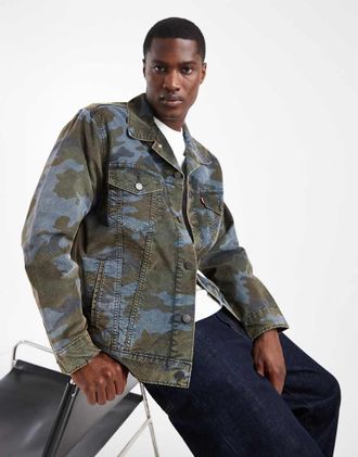 Levi's veste trucker en jean &agrave; imprim&eacute; camouflage vert coupe relaxed-Gris