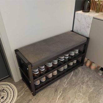 Generic Schuhbank Aus Metall, 3-stöckige Eingangsbank Mit Kissen, Mit Leinen Gepolstertes Schuhregal for Flur Und Wohnzimmer, Schwarz(80 * 25 * 43cm)