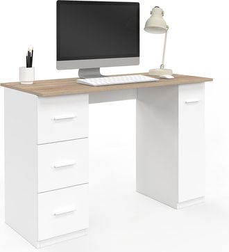 IDMarket Schreibtisch rechts Mae 3 Schubladen und Schranktür Weiß und Holz