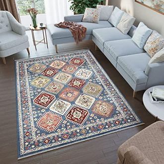 Tapiso Rivoli Tapis de Salon Chambre Bureau Adulte Design Classique Bleu Rouge Cr&egrave;me Beige Vert Motif Ornamental Floral Bordure Franges Doux Poil Court Confo