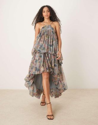 Asos Robe longue et ultra bouffante &agrave; imprim&eacute; fleuri et ourlet asym&eacute;trique avec bretelles fines-Multicolore