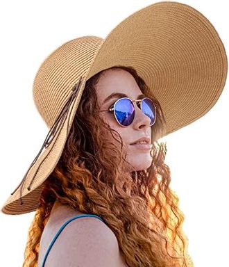 Dreshow Femme Capeline Chapeau de Paille Chapeau à Large Bord Casquettes Anti-Soleil Respirant Pliable Rouleau Plage Cap Chapeau de Soleil UPF 50+