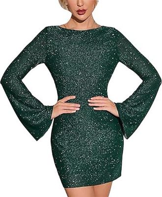 Generic Robe de couleur unie &agrave; paillettes dos nu &agrave; manches longues brillantes et moulantes pour femme, Vert, XXL