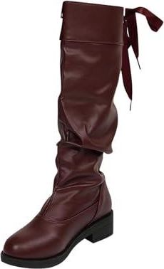 Generic Bottes hautes d&eacute;contract&eacute;es et &eacute;l&eacute;gantes pour femme - Bout rond - Talon bas et &eacute;pais - Couleur unie - Confortables - &Agrave; enfiler - Pour lext&eacute;rieur - Aut