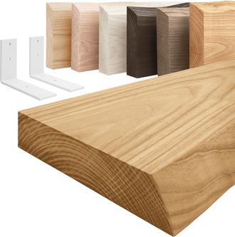 Lamofootwear Manufaktur Wandregal Holz Baumkante | Regal Farbe: Rustikal | mit weißem Basic Regalträger | 120 cm