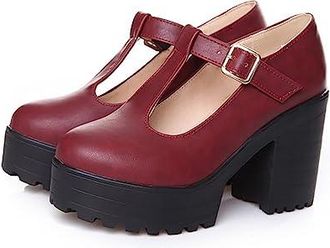 Generic Bottes Mary Jane à talon haut sans talon pour femme avec sangle de cheville - Bout rond - Chaussures à talons hauts pour filles, Rouge, 38 EU