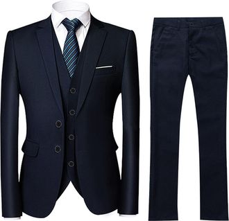 AlltheMen 3-teiliges Herren Business Anzug Set mit zwei Kn&ouml;pfen, einfarbig, Marineblau