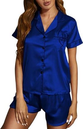 Generic Ensemble de pyjama cardigan &agrave; manches courtes en soie glac&eacute;e imprim&eacute;e de couleur unie pour femme 2026, bleu, XL