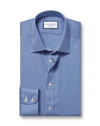 CHARLES TYRWHITT B&uuml;gelfreies Twill-Hemd mit Hahnentrittmuster - K&ouml;nigsblau Knopfmanschette