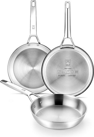Bra Signature | Set mit 3 Bratpfannen 20-24-26, professioneller Edelstahl 18/10 ohne Antihaftbeschichtung, Boden mit dreifachem Diffusor, geeignet f&uuml;r all