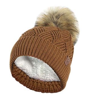 RockJock Chapeau de Tricot de câble de Diamant Chaud épais de Dames avec la Doublure Thermique dours en Peluche et Le Pompon démontable de Fausse Fourrure-Ches