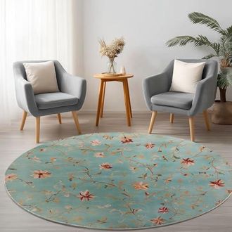 Generic Bleu Tapis Fran&ccedil;ais Rond Antid&eacute;rapant, &Eacute;l&eacute;gance Fleurs Vignes Motif Doux Tapis Poils Courts pour Salon Couloir Chambre Cuisine Descente de Lit - 100 c