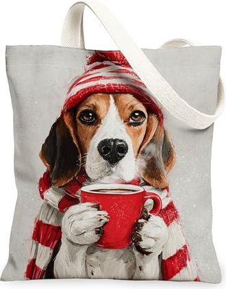 Generic Sacs fourre-tout en toile pour chien dhiver, adorable motif beagle, sacs d&eacute;picerie r&eacute;utilisables, l&eacute;gers et lavables en toile pour, gris, 13x15 Inch