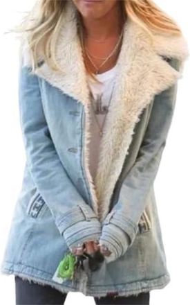 Generic Wabkderpu Veste polaire Sherpa pour femme - Manteau chaud en fausse fourrure avec revers et boutons pour lhiver, bleu, 3XL