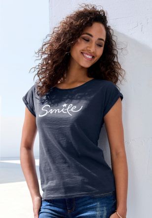 Beach Time T-Shirt BEACHTIME mit Frontdruck Smile, Damen, Gr. 32/34, blau (navy), Obermaterial: 100% Baumwolle, bedruckt, bequem normal, Rundhals, mit Aufschlag,