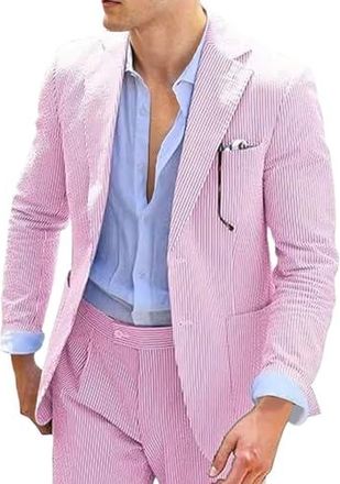 Generic Ensemble de costume fin en seersucker ray&eacute; pour homme - Tenue d&eacute;t&eacute; pour la plage et le mariage - 2 pi&egrave;ces - Costume classique &agrave; ventouse, rose, XXL