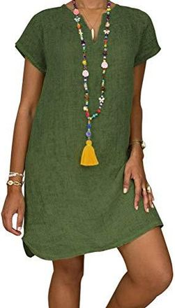 Minetom Robe Été Femme de Plage Rétro Robes Col V Lin Robes Chic Manches Courte Unie Casual Tuniques T-Shirt Dress A Armée Verte FR 36
